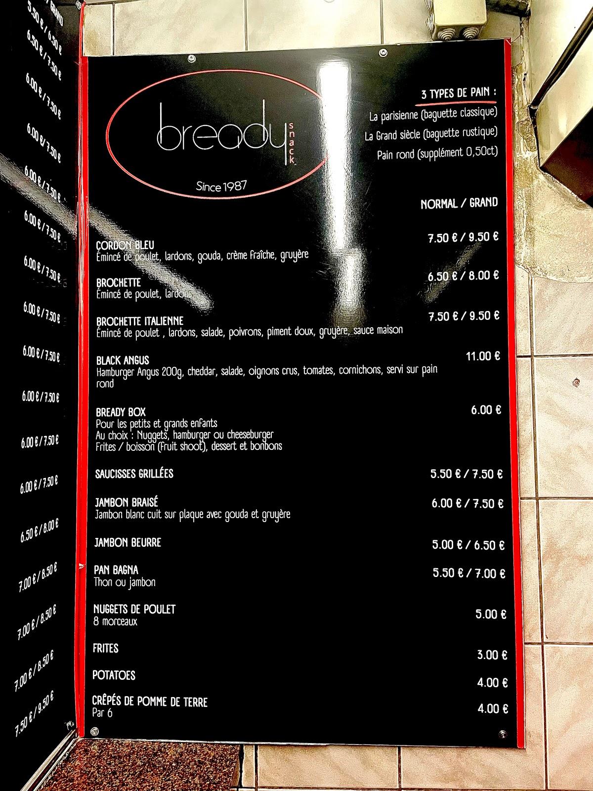 Menu au Bready Snack fast food, Hagondange