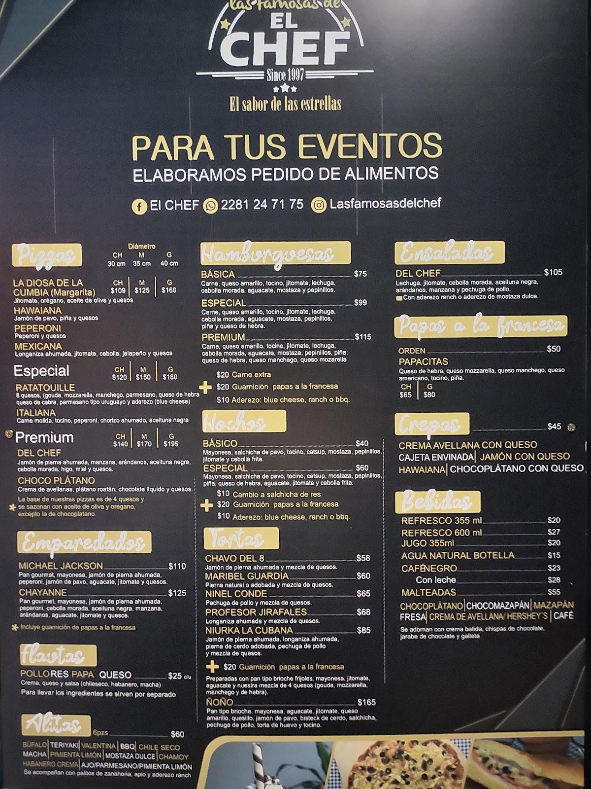 Menu at El Chef restaurant, Xalapa