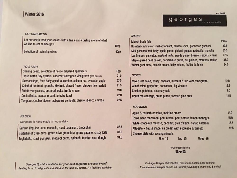 Menu at GEORGES restaurant, Adelaide