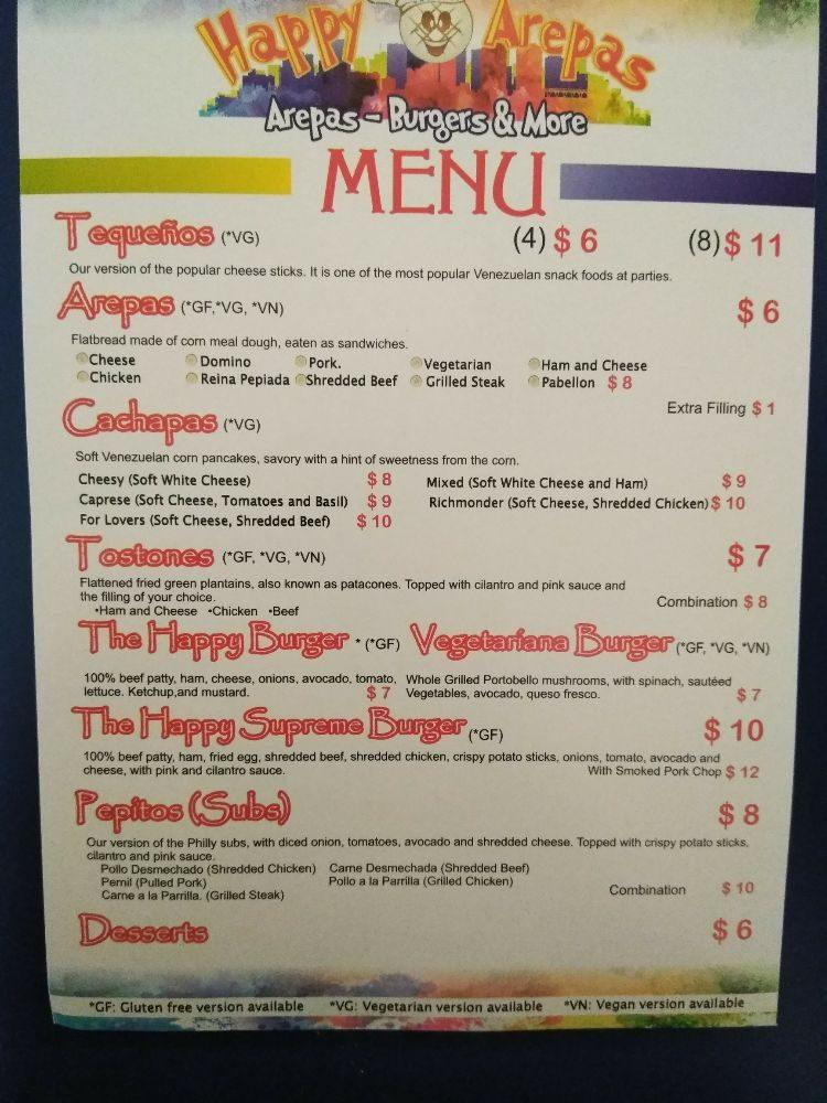 Menu at Happy Arepas, Richmond