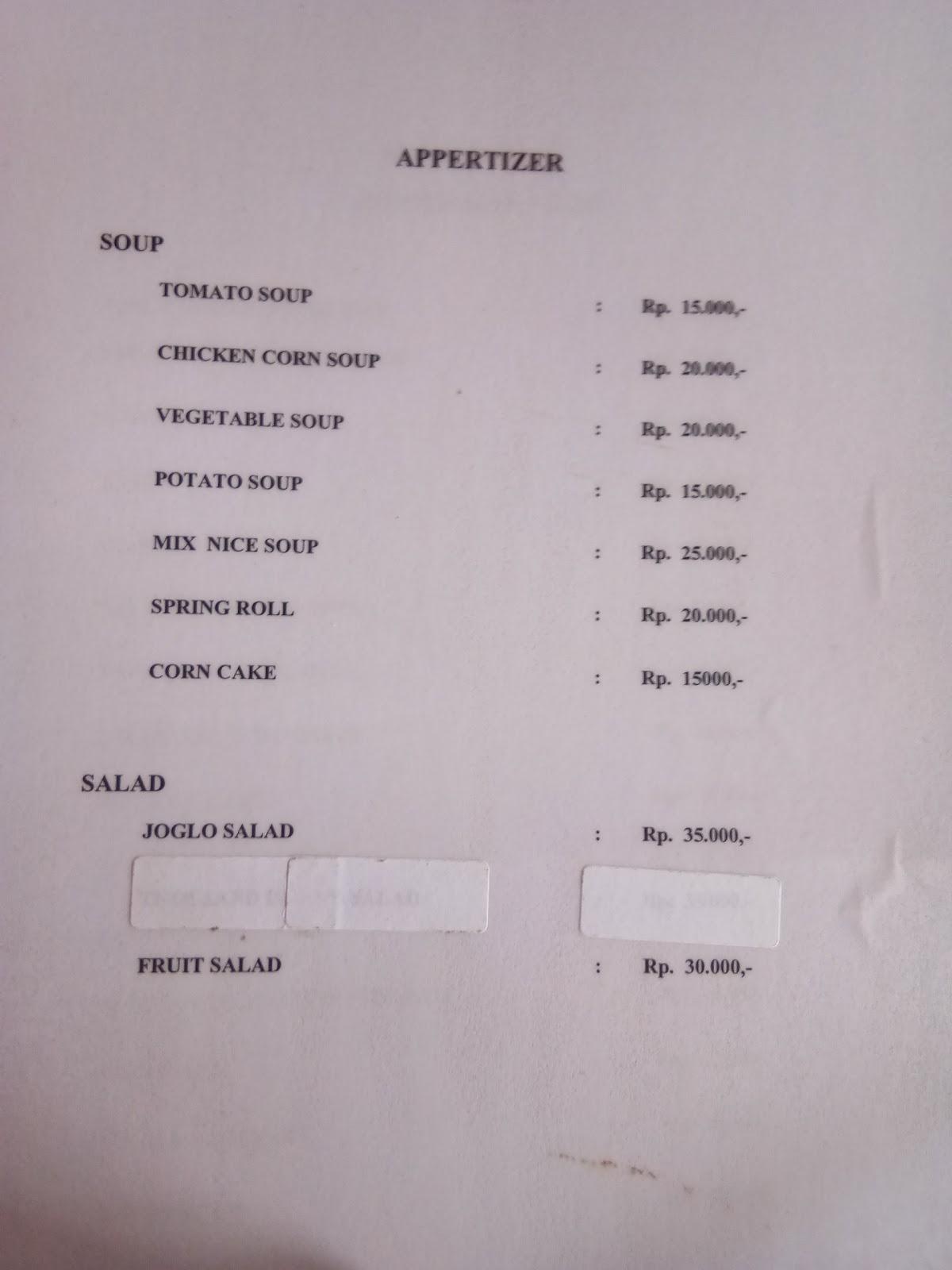 Menu at Joglo Organik restaurant, Gianyar