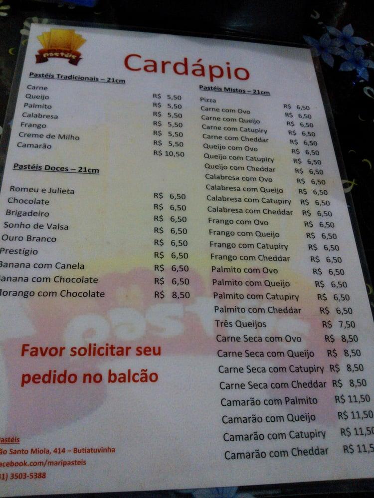 Menu at Mari Pastéis restaurant, Curitiba