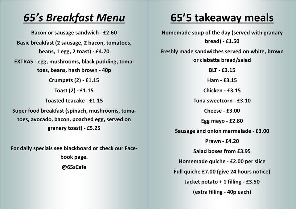 Menu at 65 Cafe, Longridge
