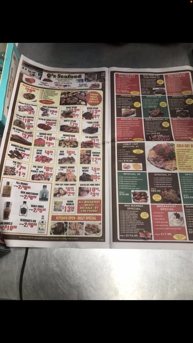 Menu at Q's Seafood & Deli restaurant, Hammond