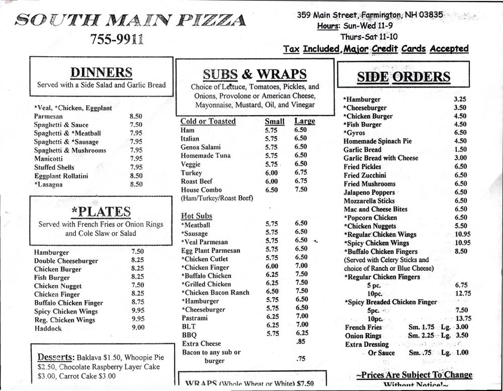 Menu at South Main Pizza pizzeria, Farmington