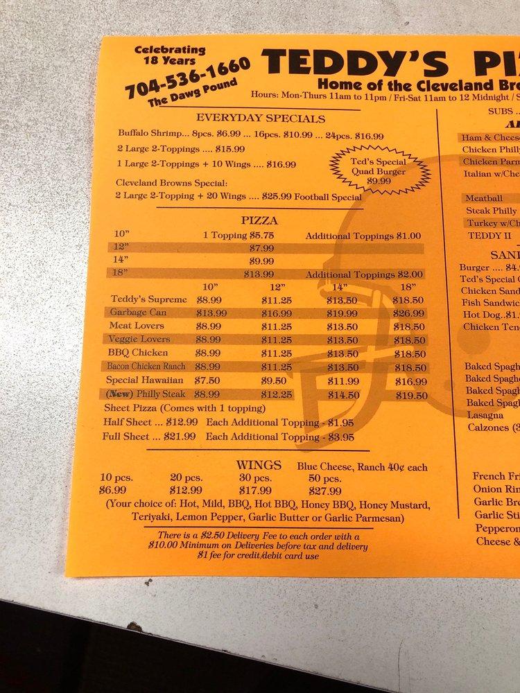 Menu at Teddy's Pizza pizzeria, Charlotte, E W.T. Harris Blvd