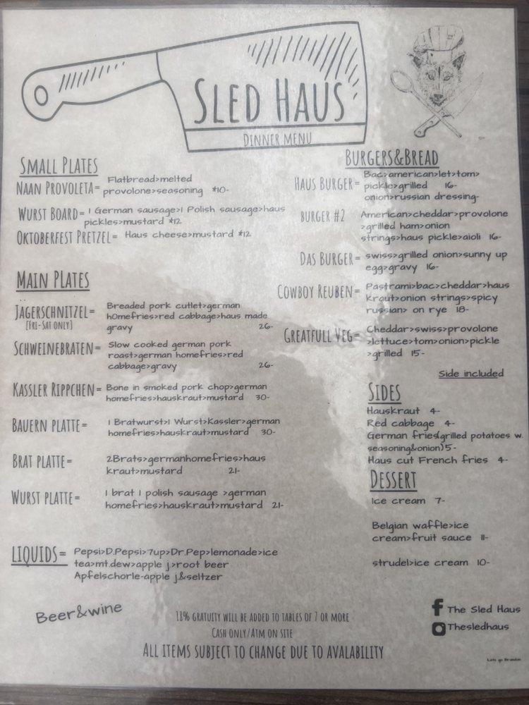 Menu at The Sled Haus restaurant, Lead