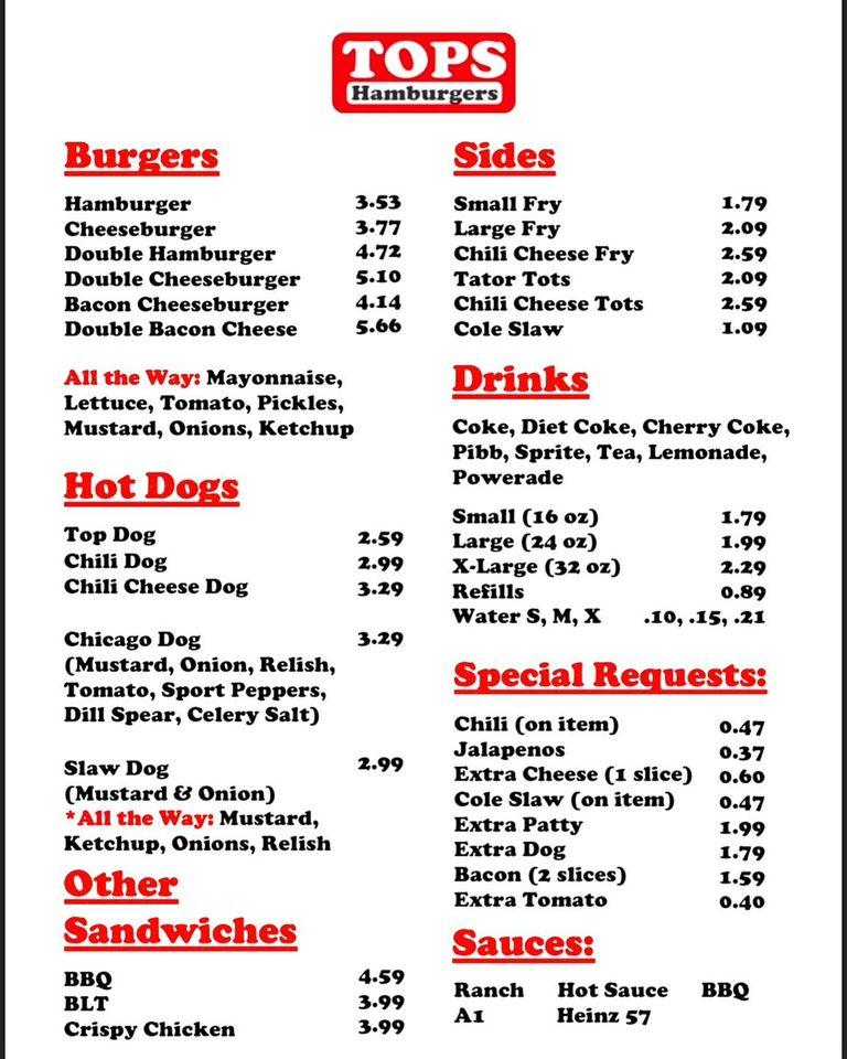 Menu at Tops Choice Hamburgers restaurant, Niceville