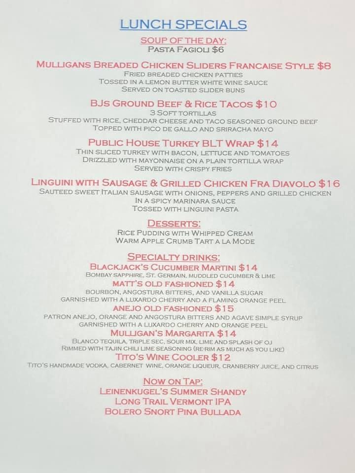 Menu at Blackjack Mulligan's Public House, Hawthorne