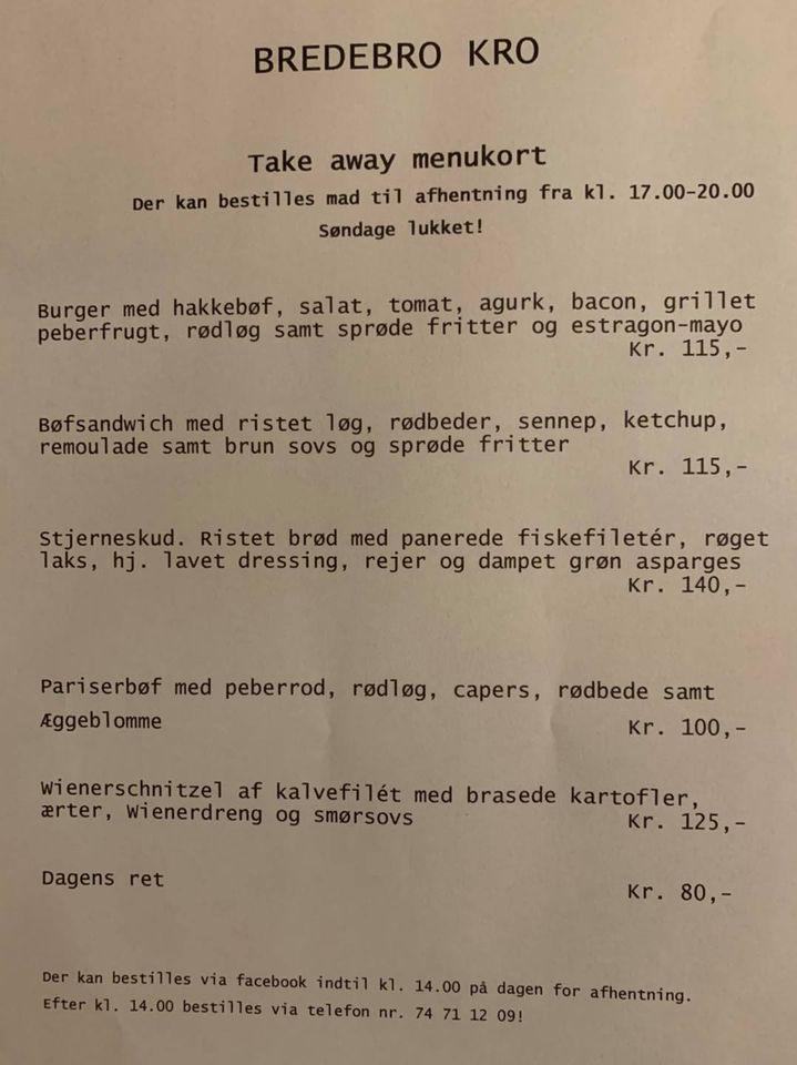 Menu at Bredebro Kro restaurant, Bredebro