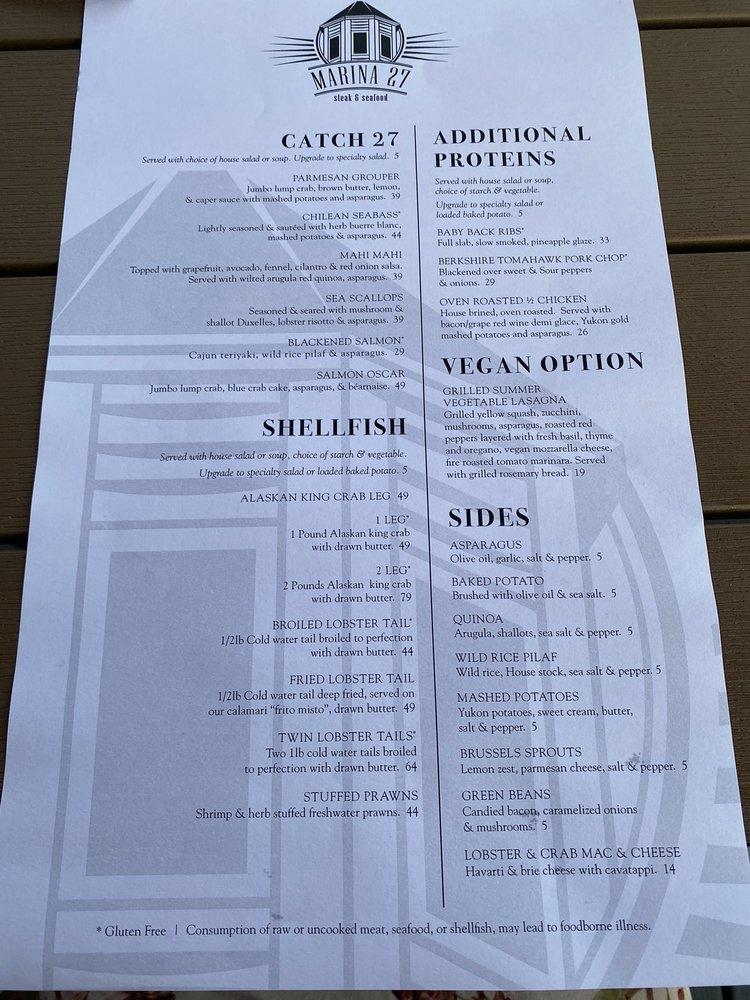 Menu at Marina 27 Steak & Seafood steakhouse, Lake Lotawana, 22 A St