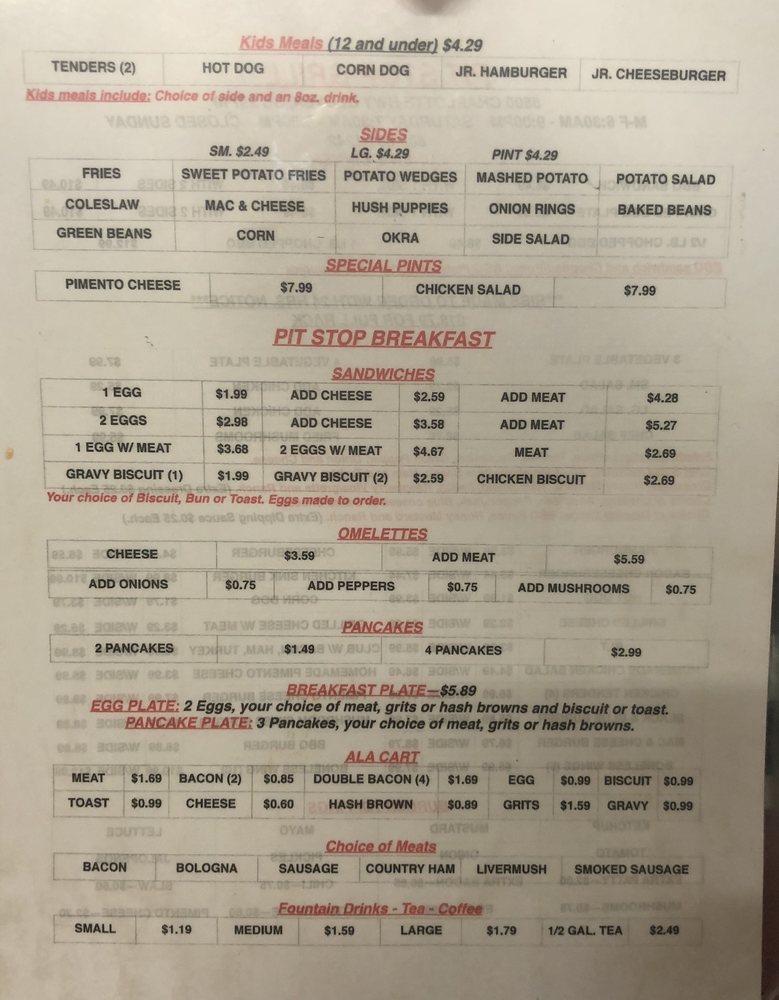 Menu at Pit Stop Grill restaurant, Lake Wylie