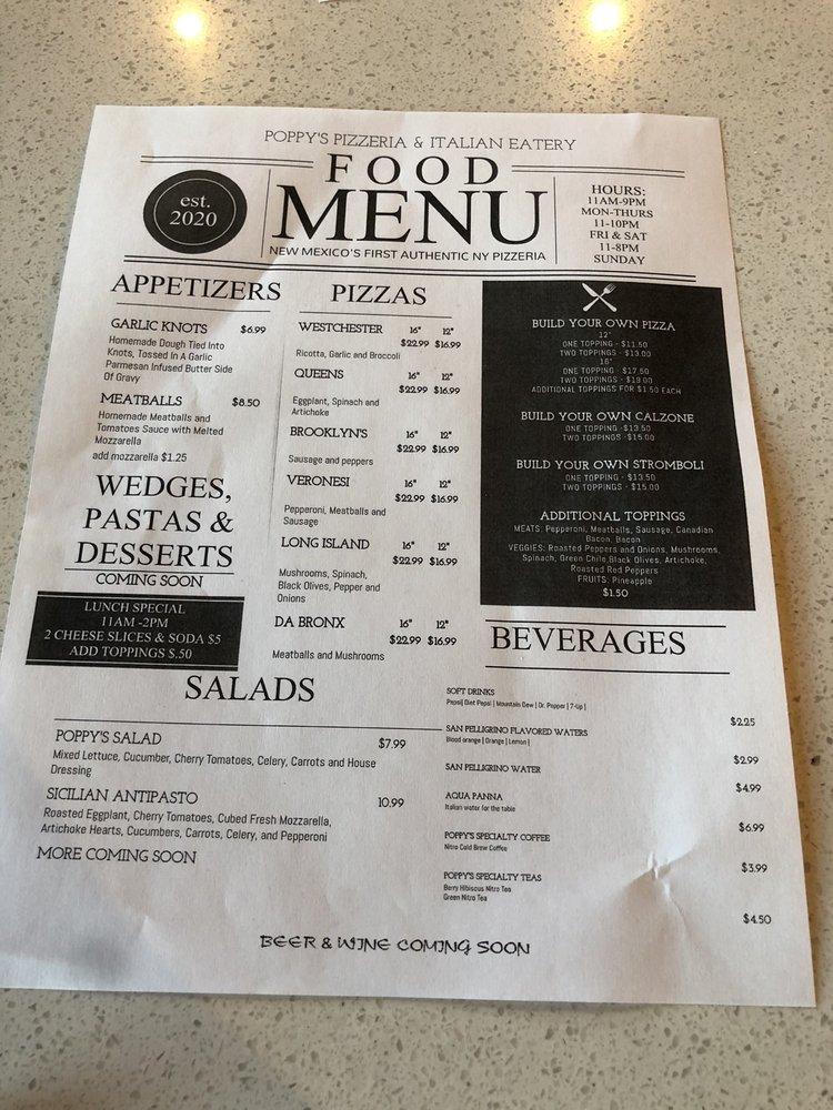 Menu at Poppy's Healthy Meals pizzeria, Albuquerque