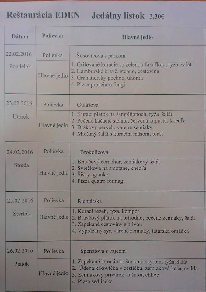 Menu at Reštaurácia Eden restaurant, Smolenice