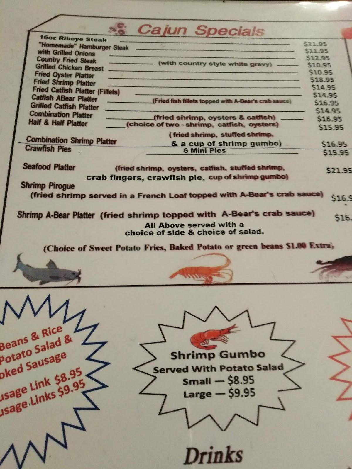 Menu at Abear's Cafe, Houma