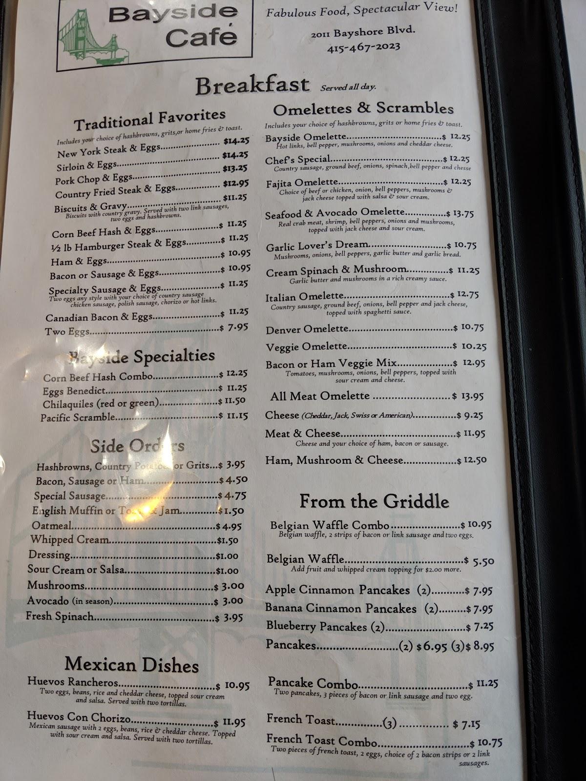 Menu at Bayside Cafe, San Francisco, Bayshore Blvd