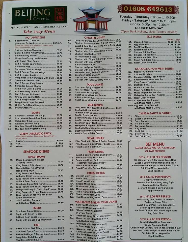 Menu at Beijing Gourmet restaurant, Chipping Norton