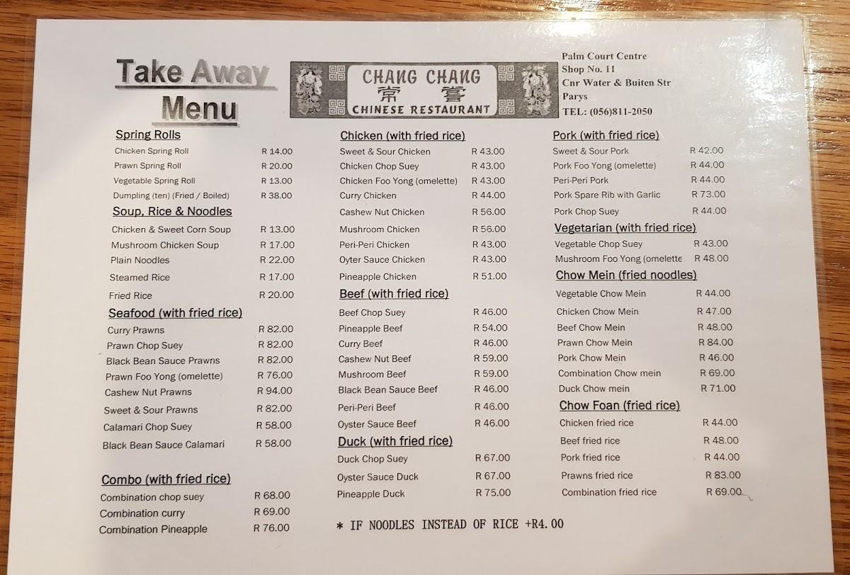 Menu at Chang Chang Chinese Restaurant., Parys