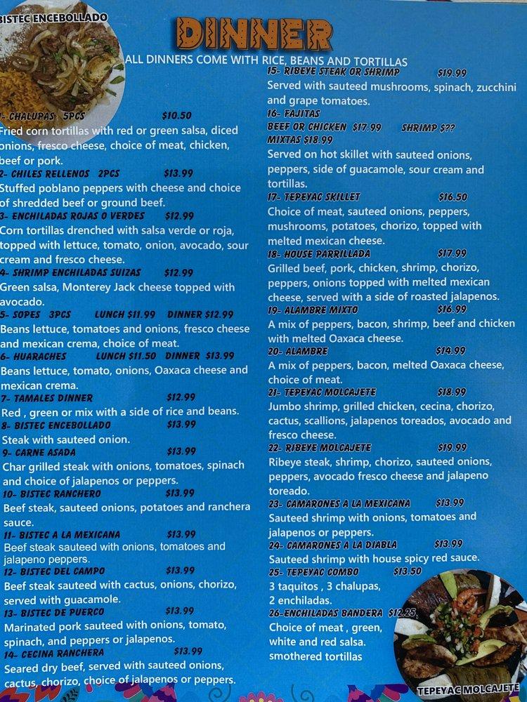 Menu at El Tepeyac Mexican restaurant, Stafford Township