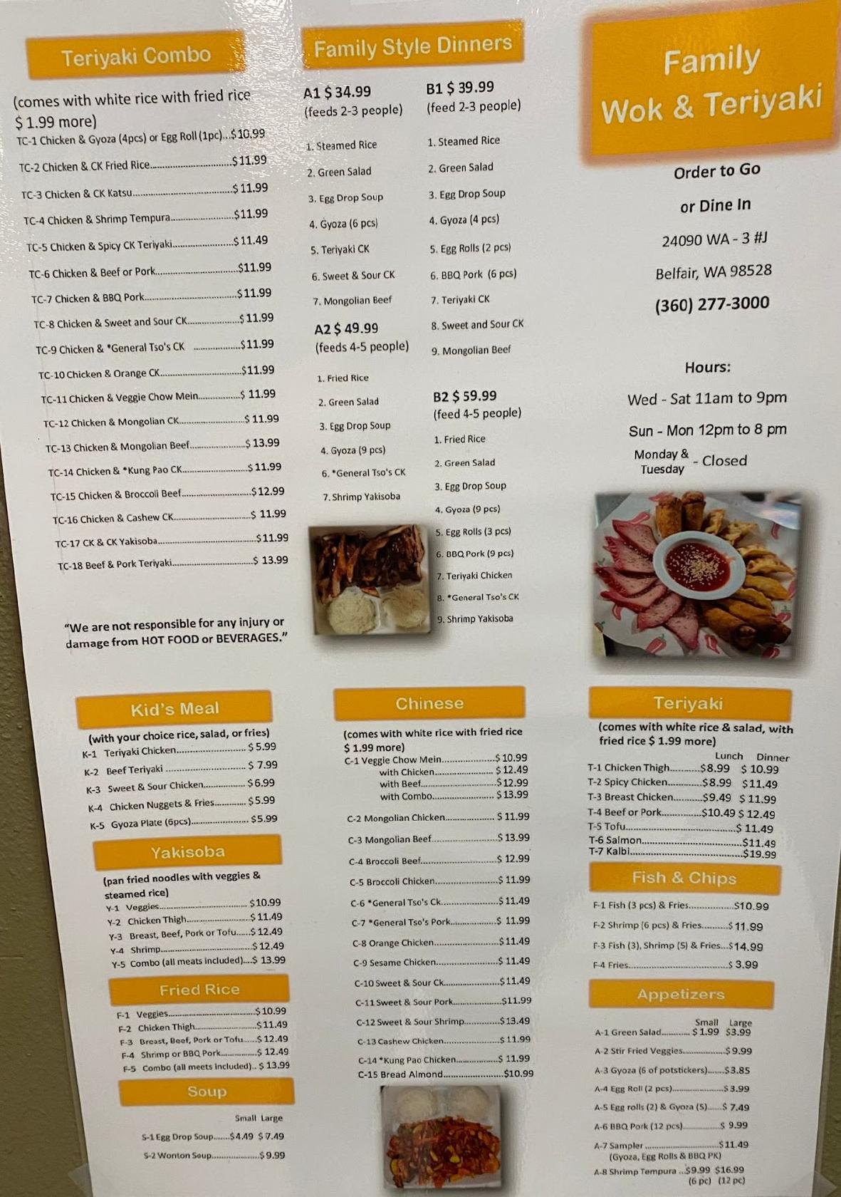 Menu at Family Wok & Teriyaki restaurant, Belfair