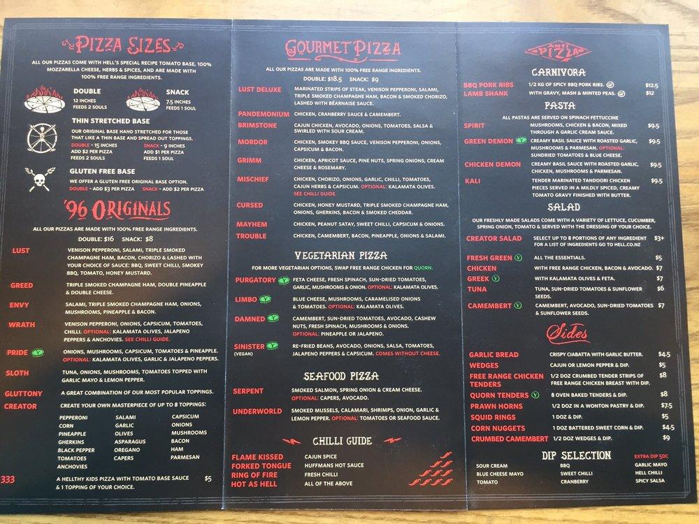Menu at HELL Pizza Invercargill pizzeria, Invercargill