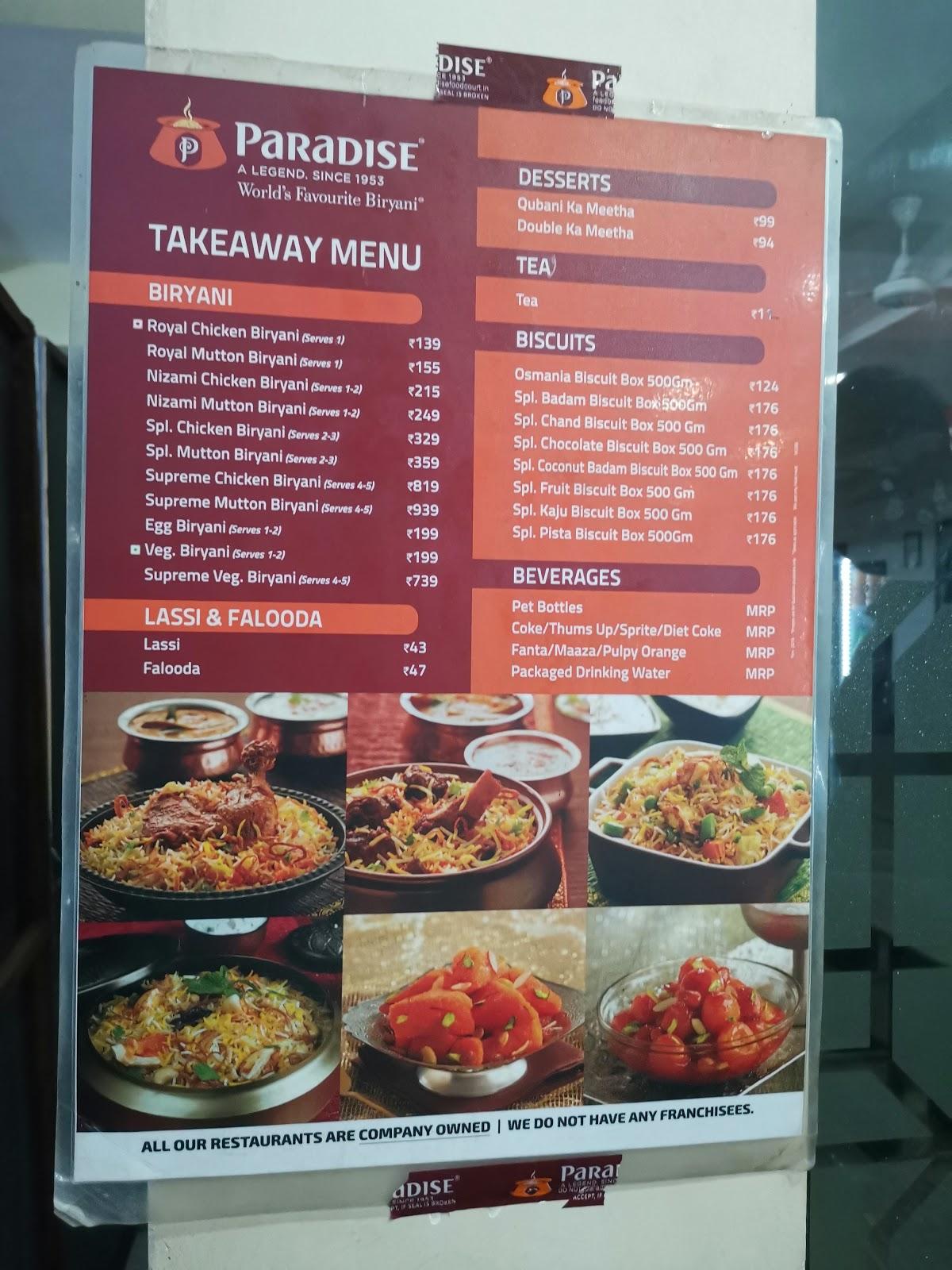 Menu at Paradise Biryani MGBS, Hyderabad, Bus Stand