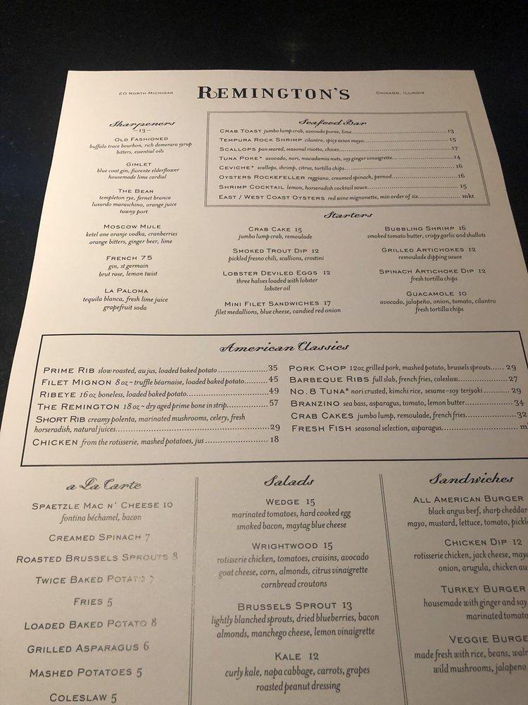 Menu at Remington's steakhouse, Chicago