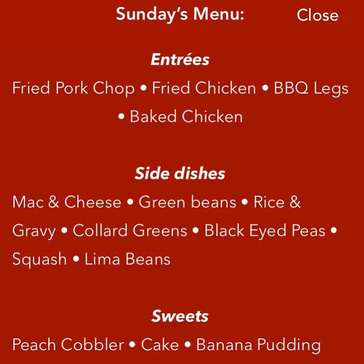 Menu at Sunday's Restaurant, Anderson