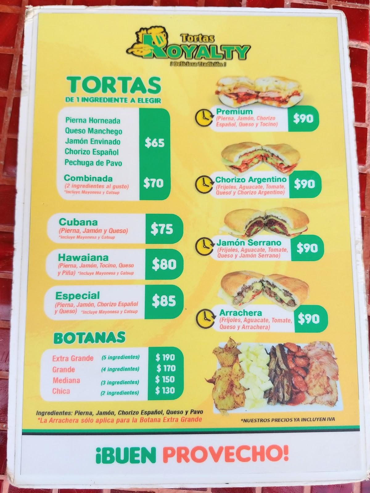 Carta del restaurante Tortas Royalty Suc. Costa del Oro, Veracruz