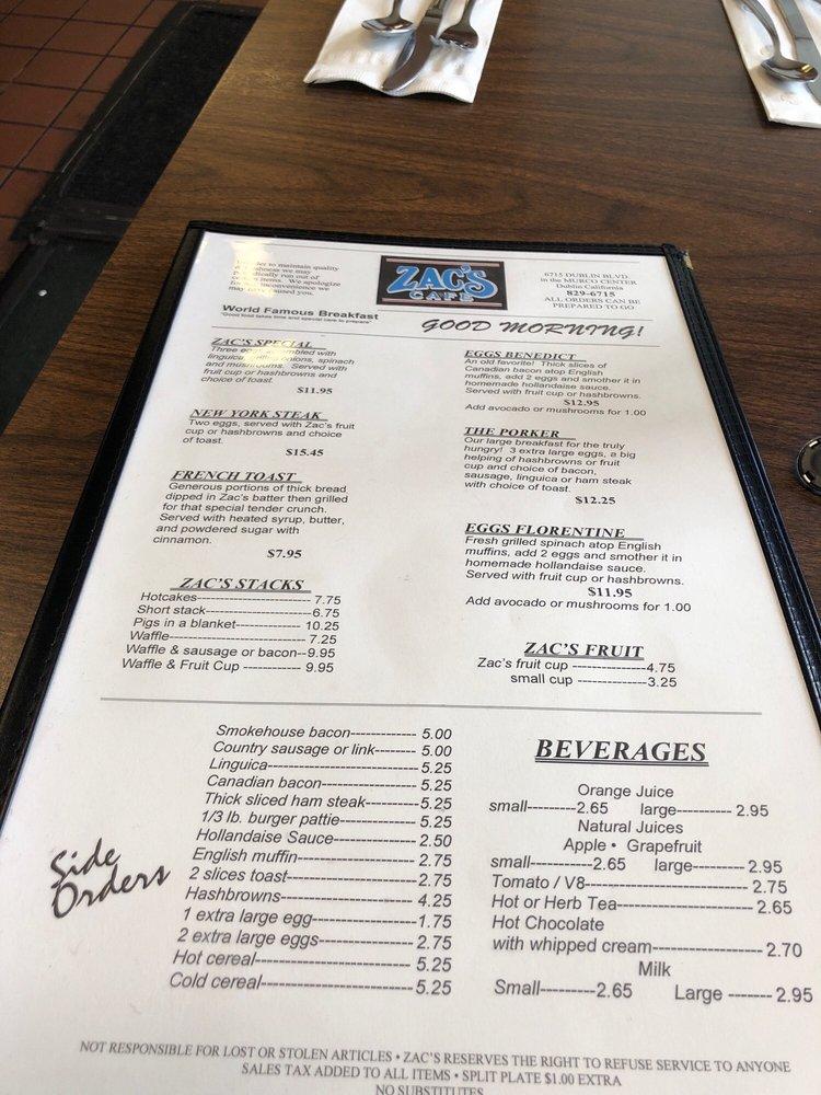 Menu at Zac's Cafe, Dublin