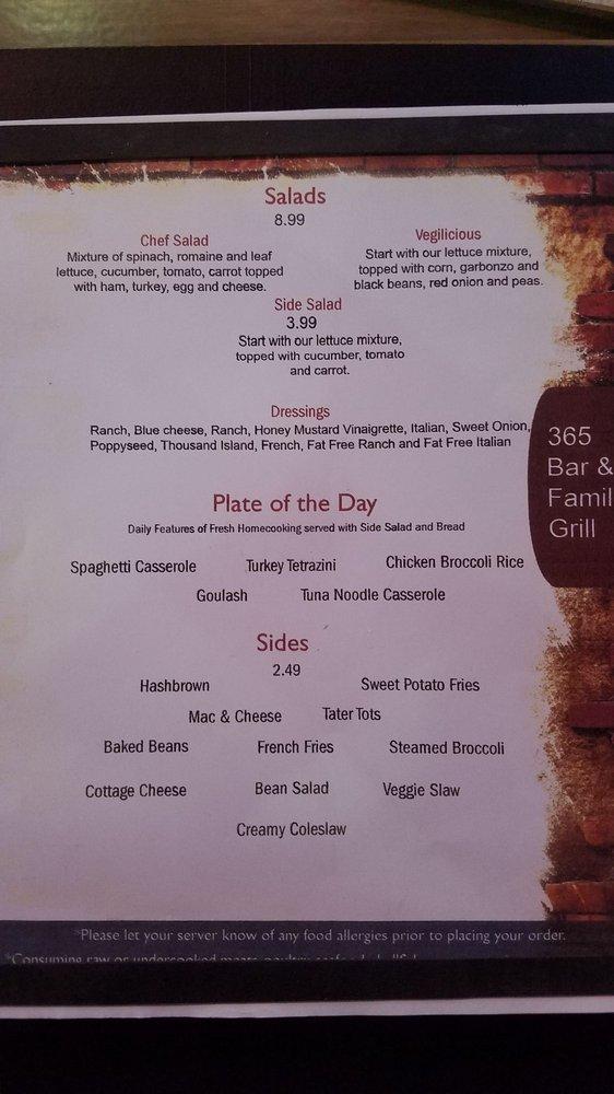 Menu at 365 Bar & Grill, Terre Haute