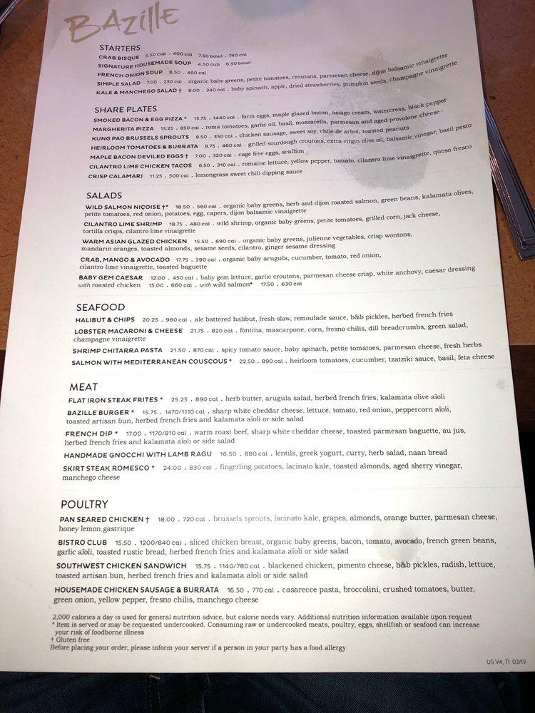 Menu at Bazille pub & bar, San Francisco