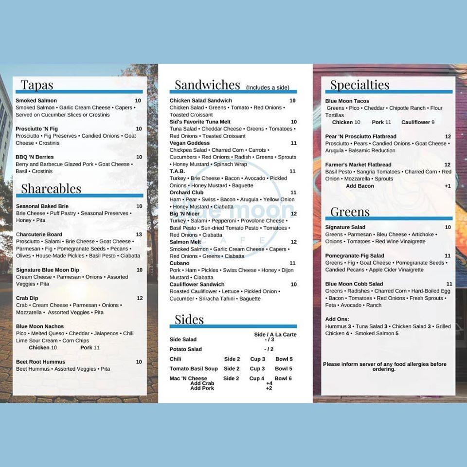 Menu at Blue Moon Cafe, Fayetteville