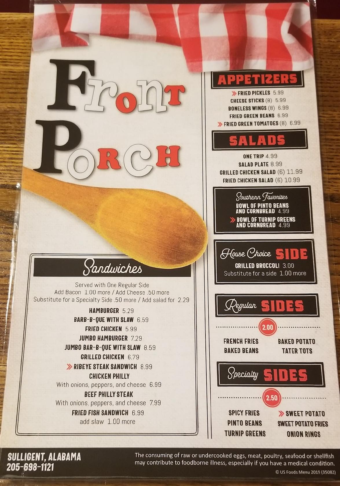 Menu at Front Porch restaurant, Sulligent