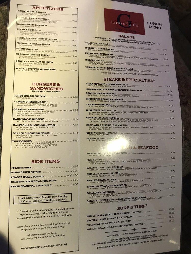 Menu at Grassfields steakhouse, Waltham