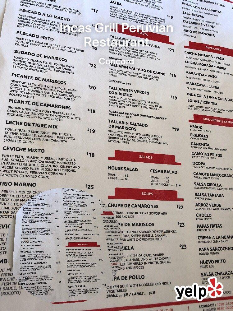 Menu at Incas Grill Peruvian Restaurant & Bar, Concord