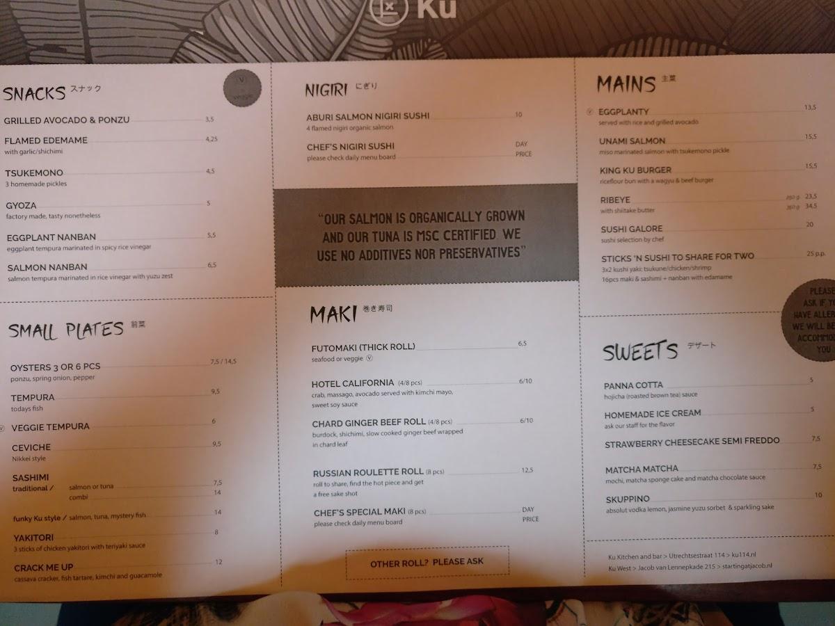 Carta de Ku Kitchen & Bar, Amsterdam