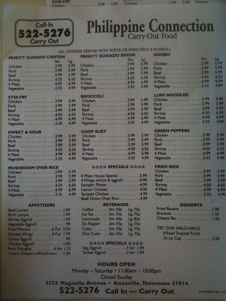 Menu at Philippine Connection Carry Out Food restaurant, Knoxville