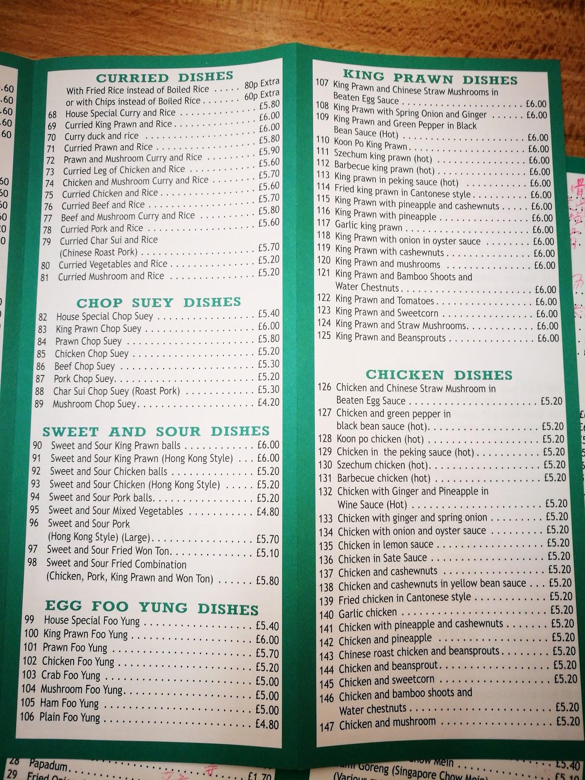 Menu at Phoenix fast food, Amesbury