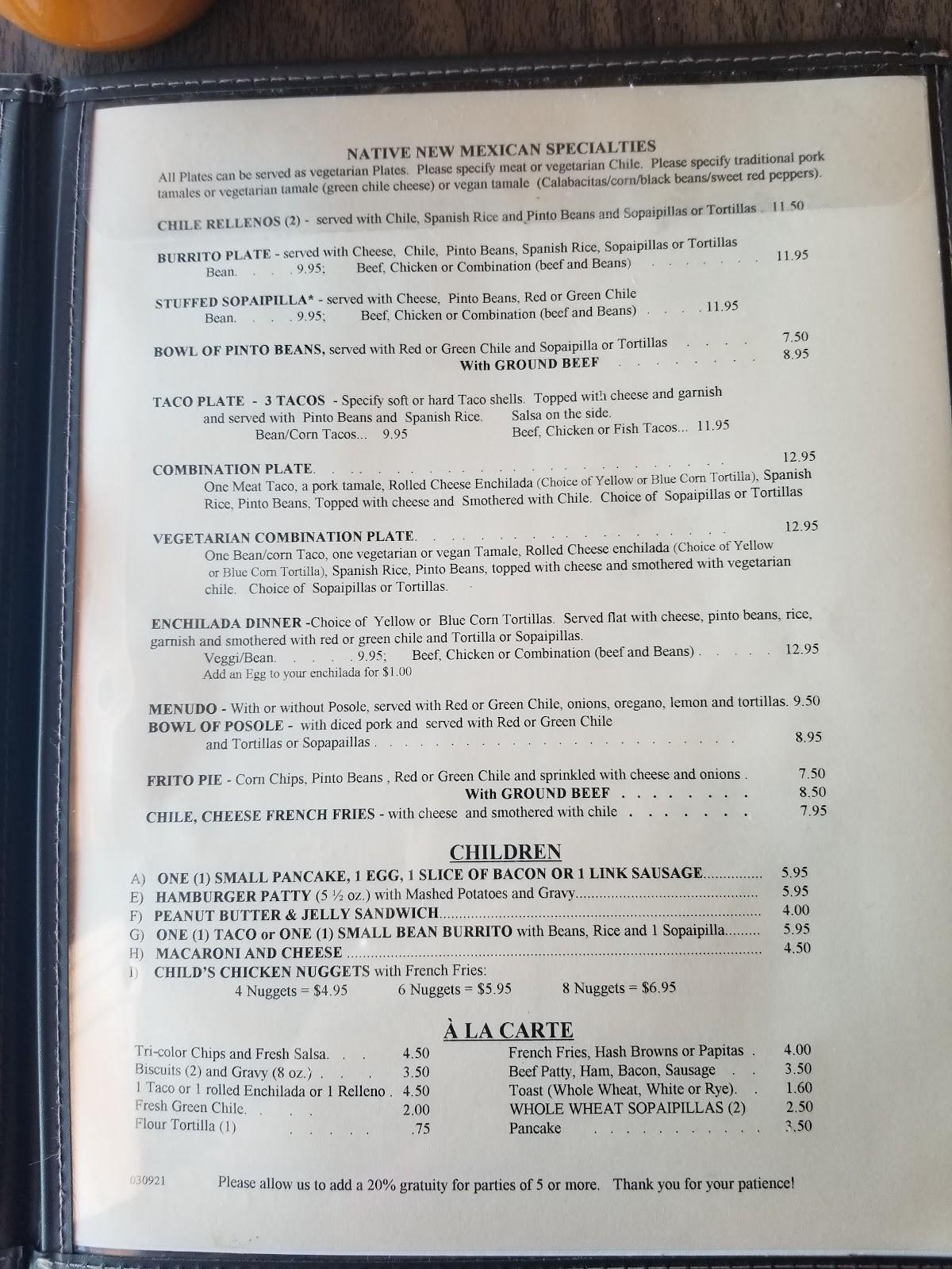 Menu at Roadrunner Cafe, Pojoaque, 43 Ogo Wii Rd