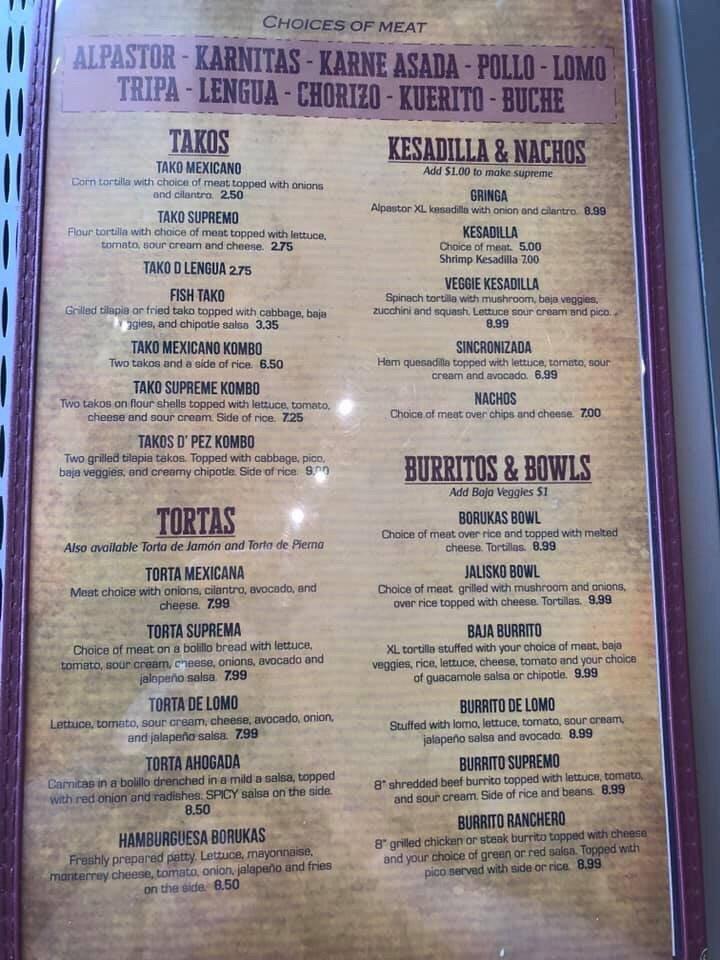 Menu at Takos Borukas restaurant, Jackson