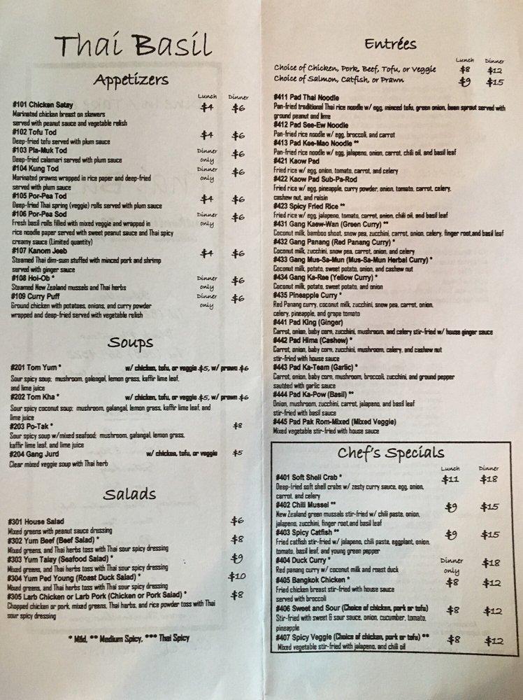 Menu at Thai Basil restaurant, Black Mountain
