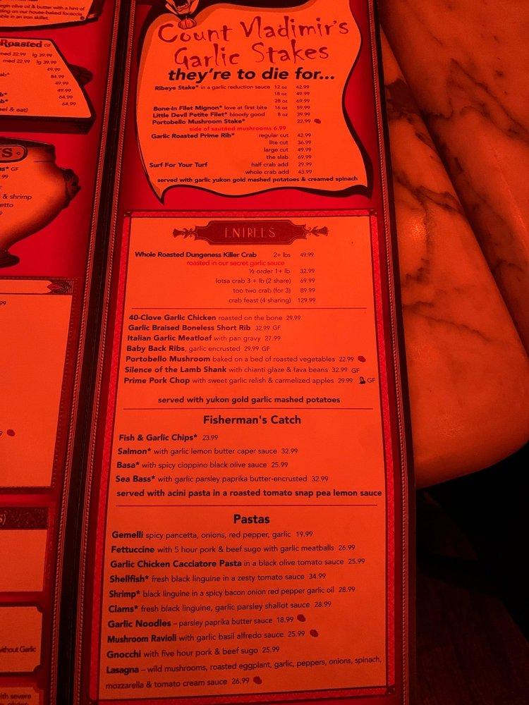 Menu at The Stinking Rose steakhouse, Beverly Hills