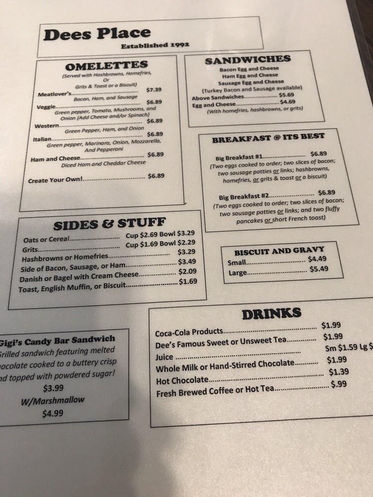 Menu at Dee's Place restaurant, Sebring