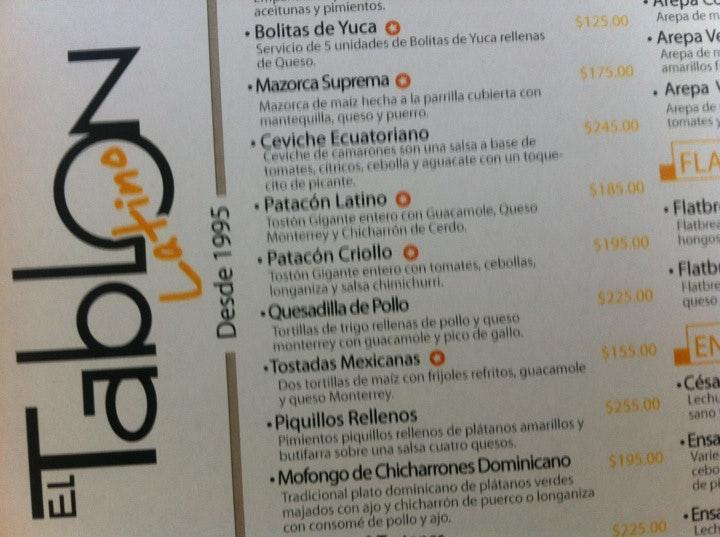Menu at El Tablon Latino restaurant, Santiago De Los Caballeros, C. Del ...