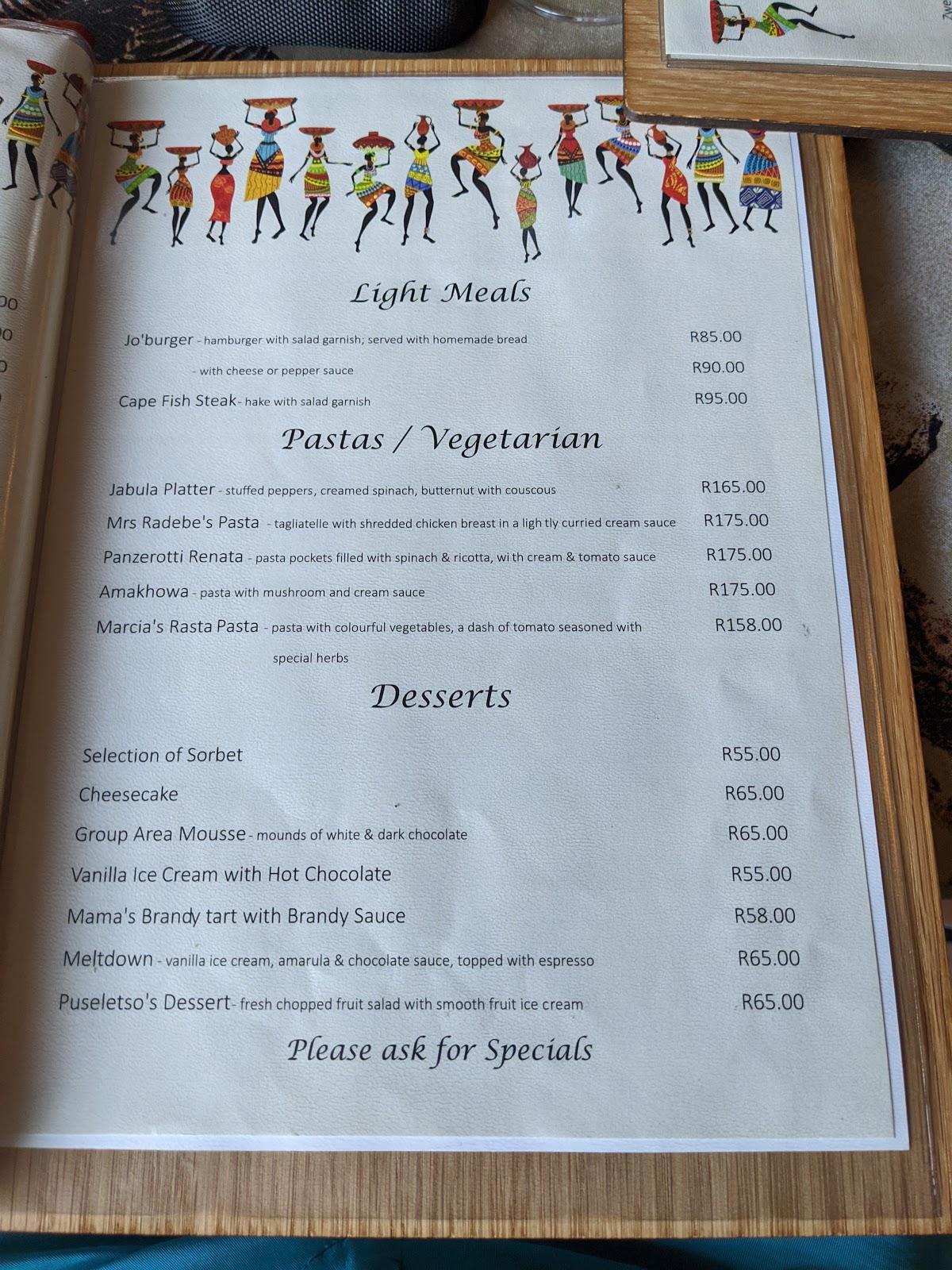 Menu at Marco's African Place restaurant, Cape Town