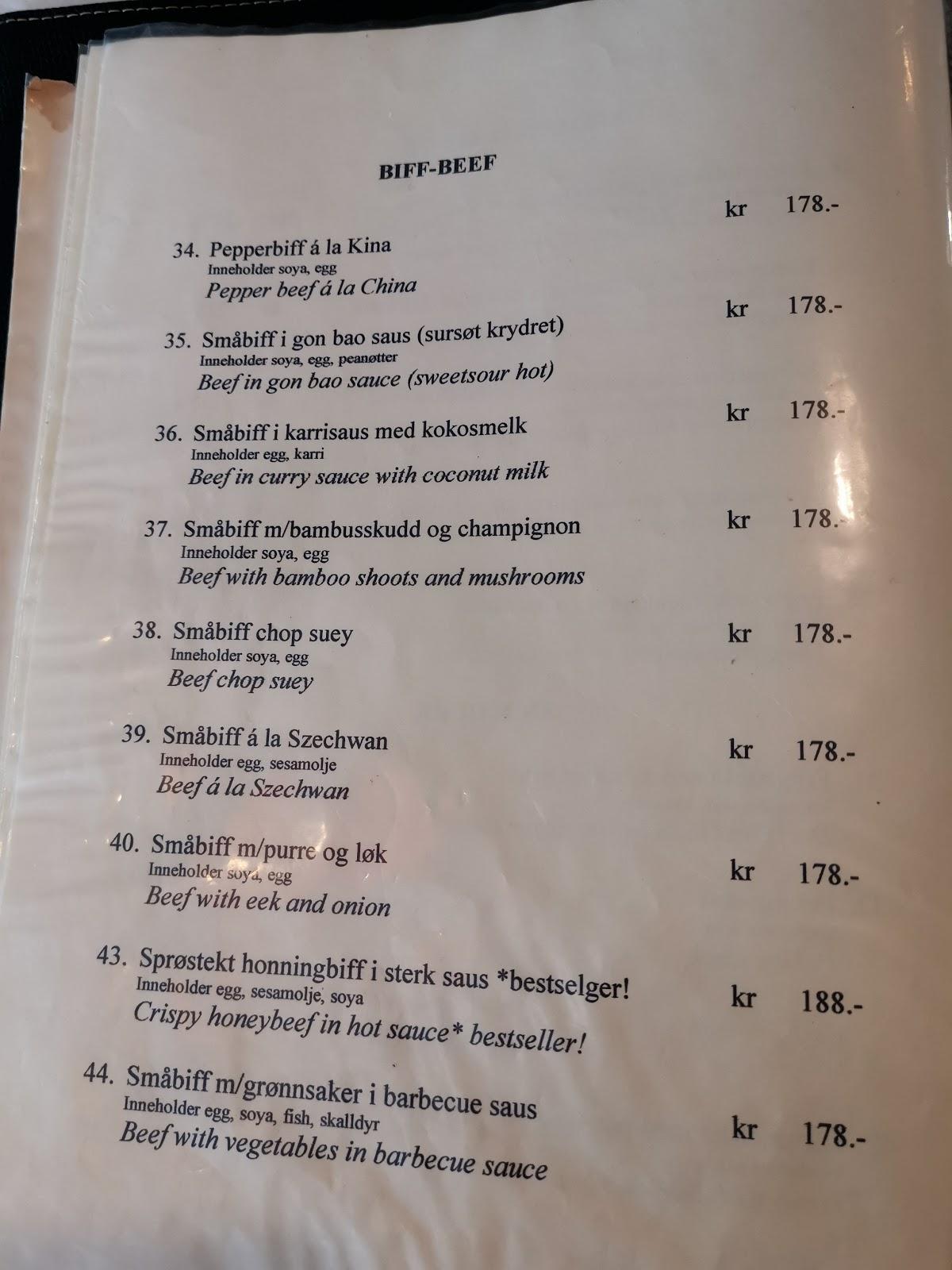 Menu at Orient Pearl Kina restaurant, Lillehammer