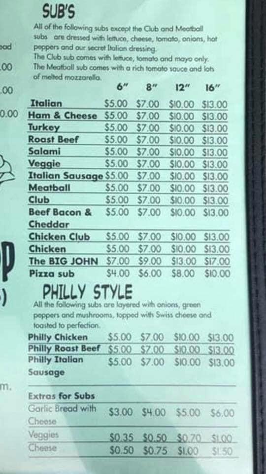 Menu at Susie's Sub Shop pizzeria, Columbus, Karl Rd