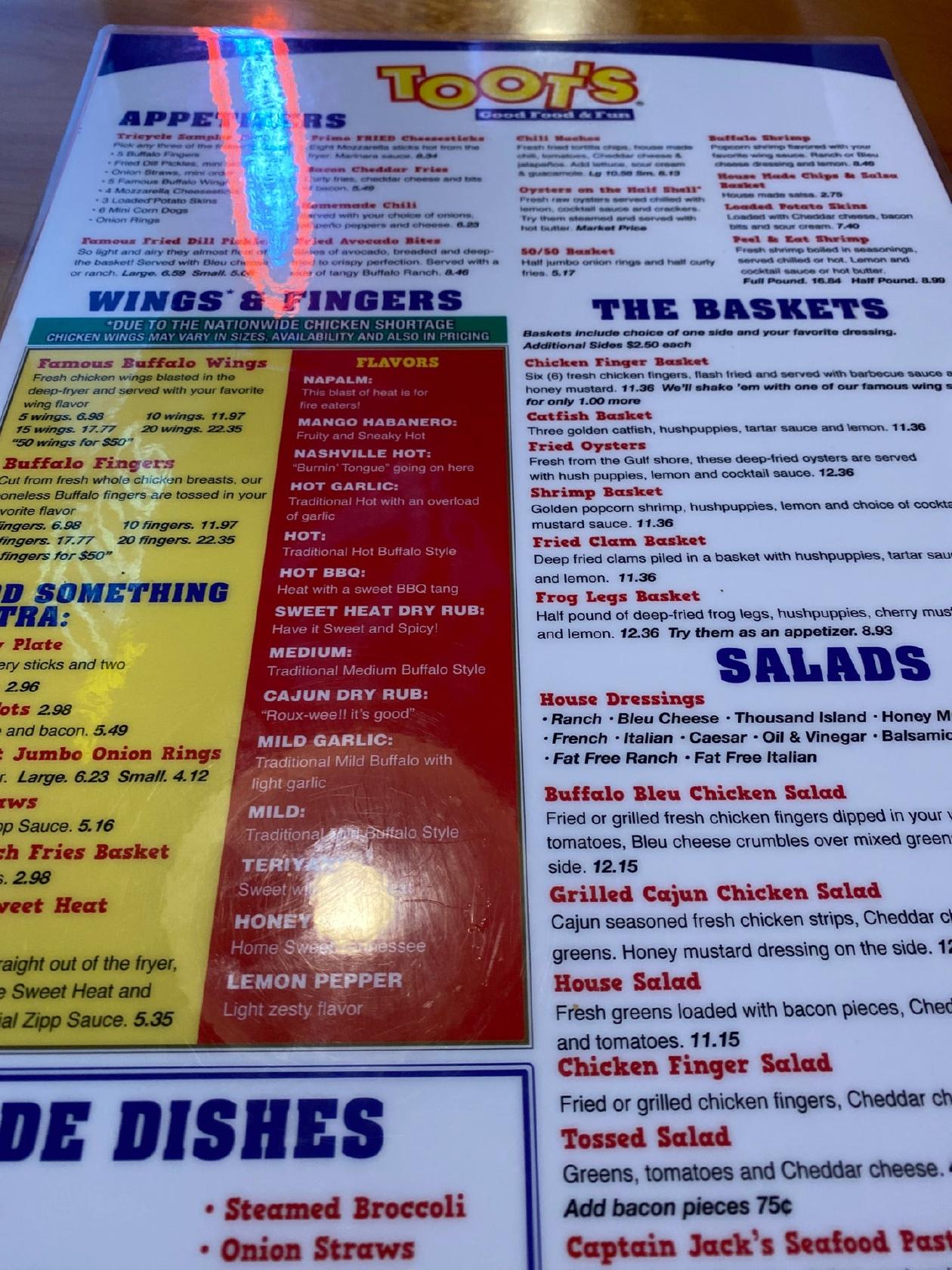 Menu at Toot's Smyrna restaurant, Smyrna, 301 Sam Ridley Pkwy W