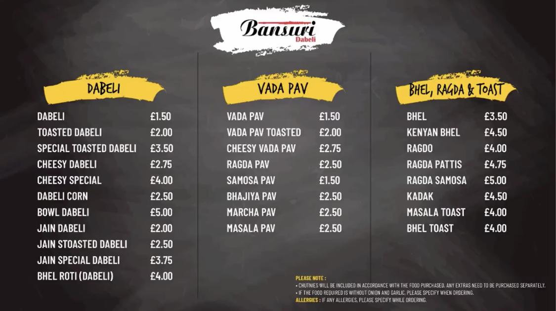 Menu at Bansuri Dabeli fast food, London
